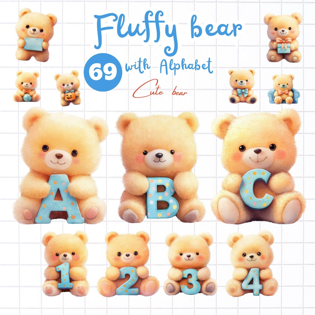 Fluffy Bear Alphabet, Watercolor Bear Letter,bear Png, Fluffy Alphabet ...
