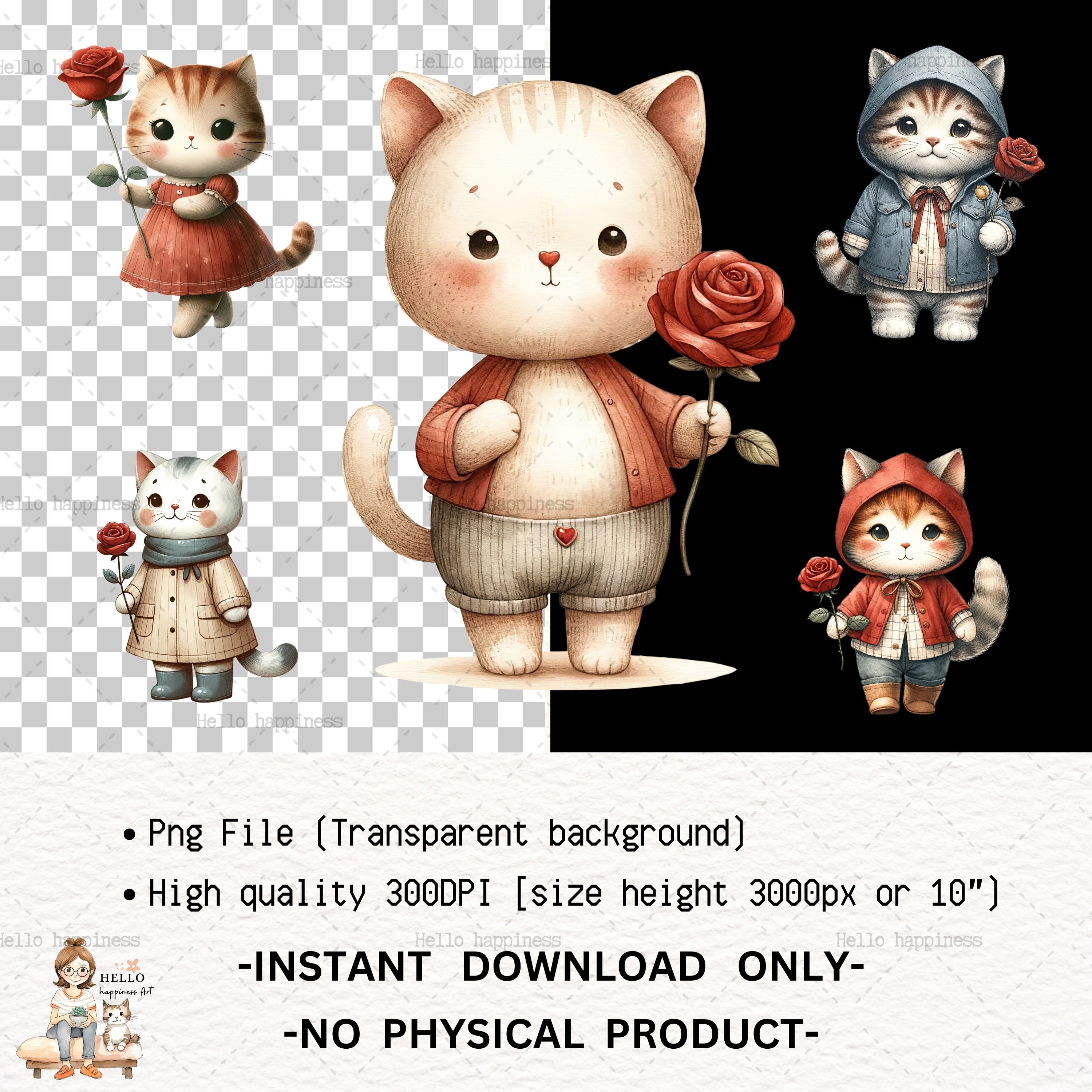 Cats Retro Clipart, Cat With Rose PNG, Cute Cats PNG, Cat Valentine ...