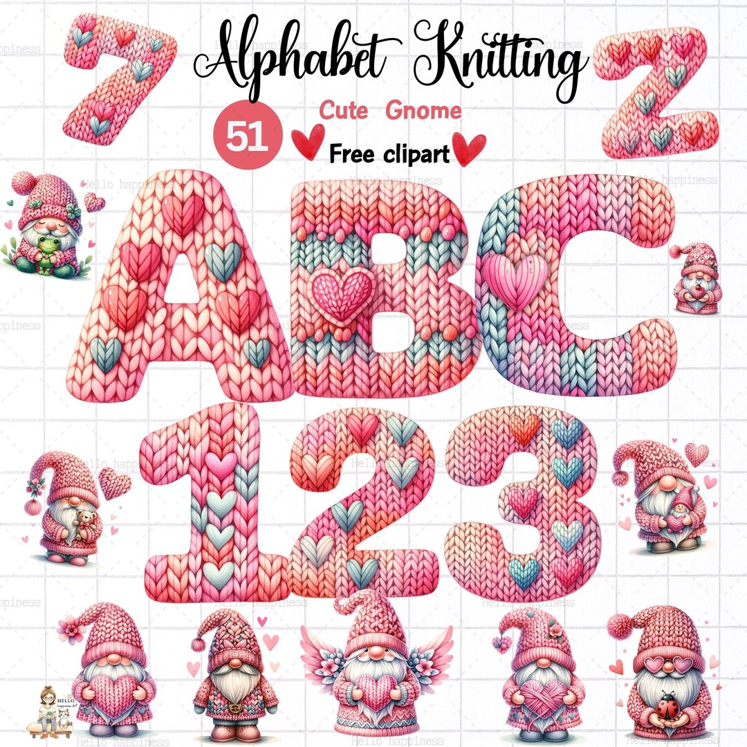 Alphabet Knitting Clipart, Alpha Knitting Pattern, Gnome Knitting ...