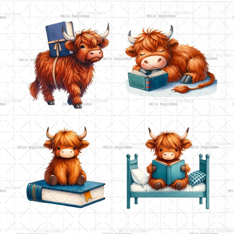Highland Cow Read a Book, Little Cow With Book,watercolor Highland Cow ...