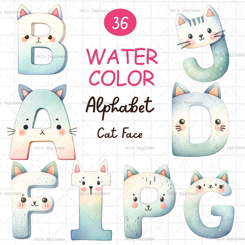 Alphabet Cat Face Clipart, Cute Cat Letter ,watercolor Alphabet, Number ...