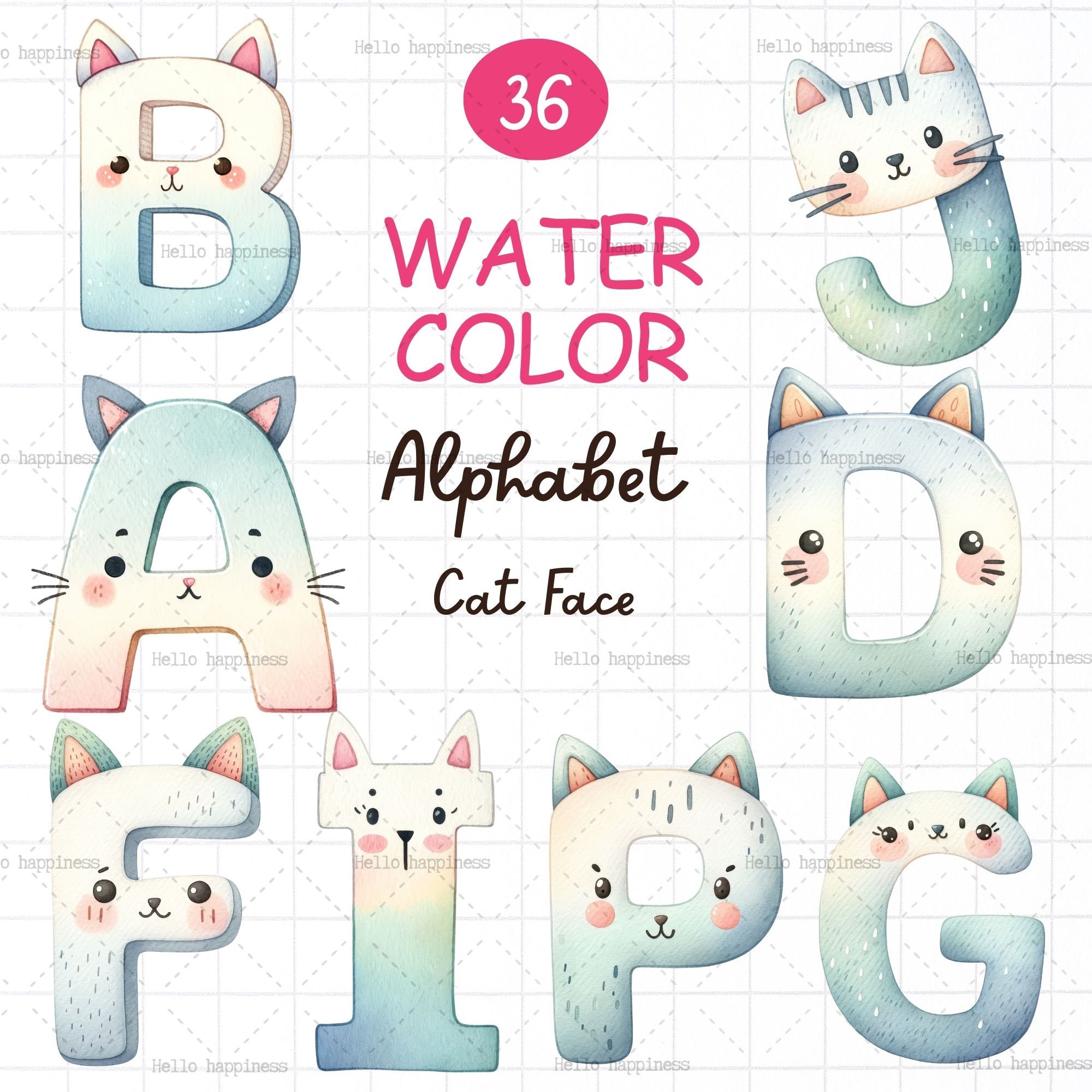 Alphabet Cat Face Clipart, Cute Cat Letter ,watercolor Alphabet, Number ...