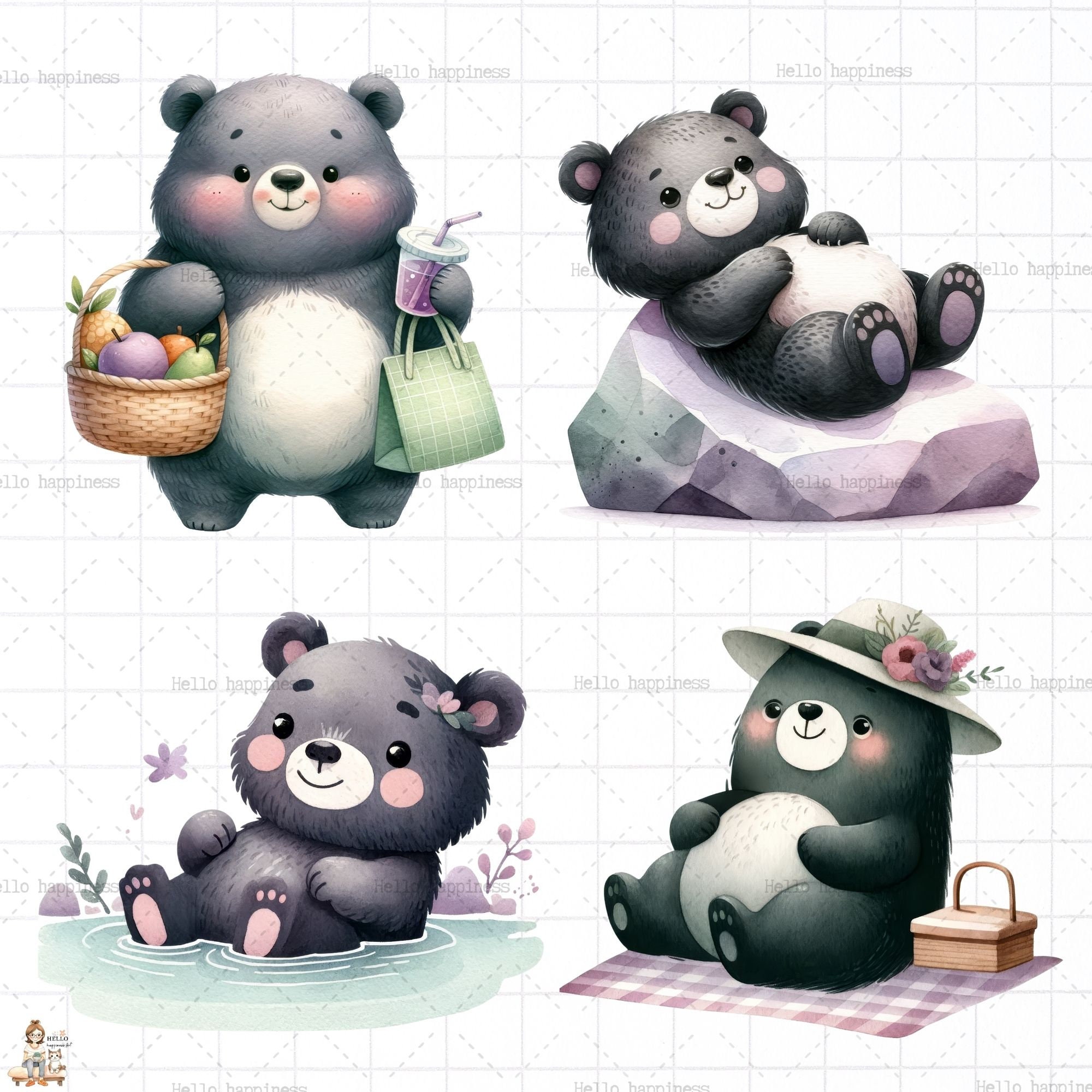 Cute Black Bear, Little Bear Clipart, Watercolor Animals Illustrations ...