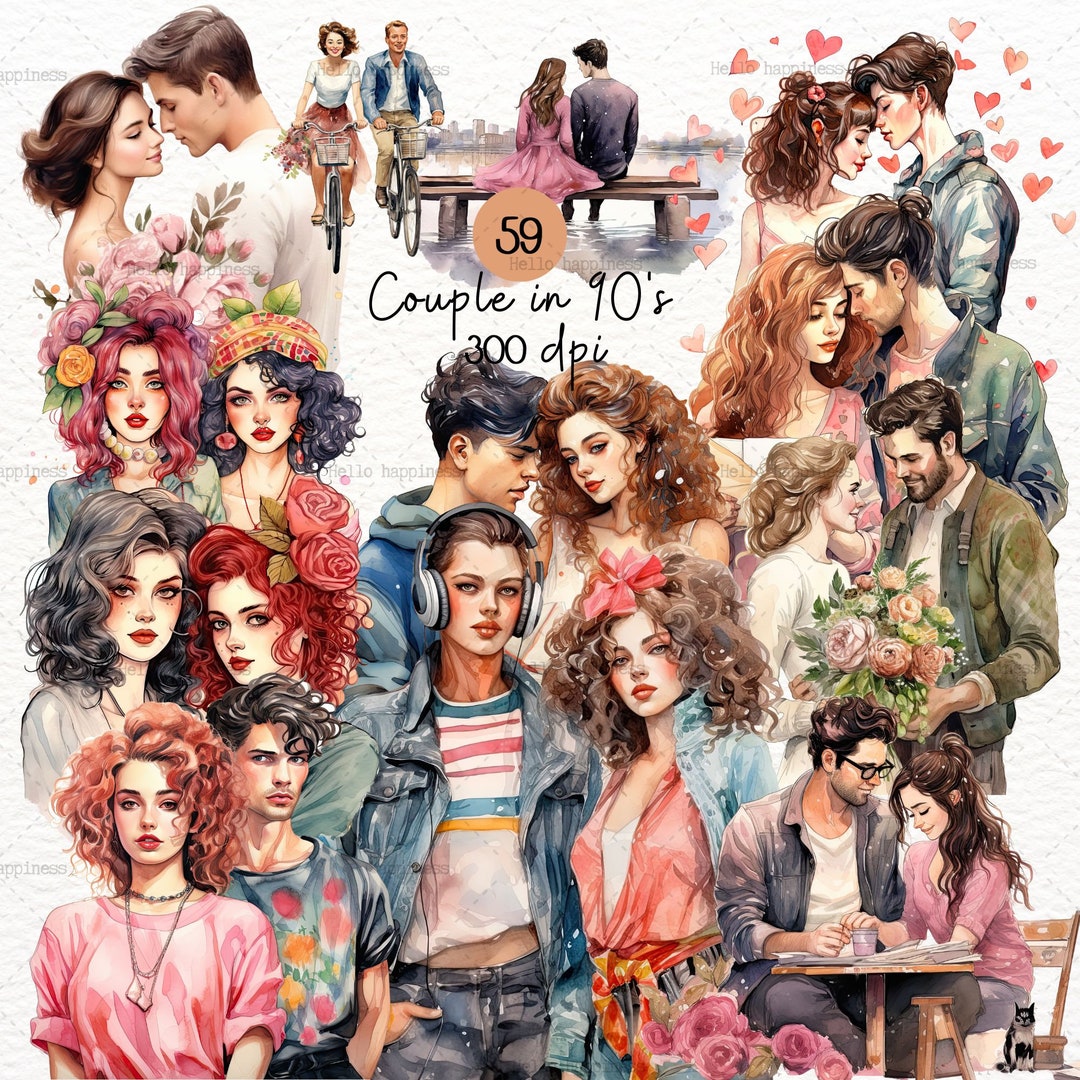 Couple 90's Style, Vintage Couple Clipart, Valentine Day, Watercolor ...