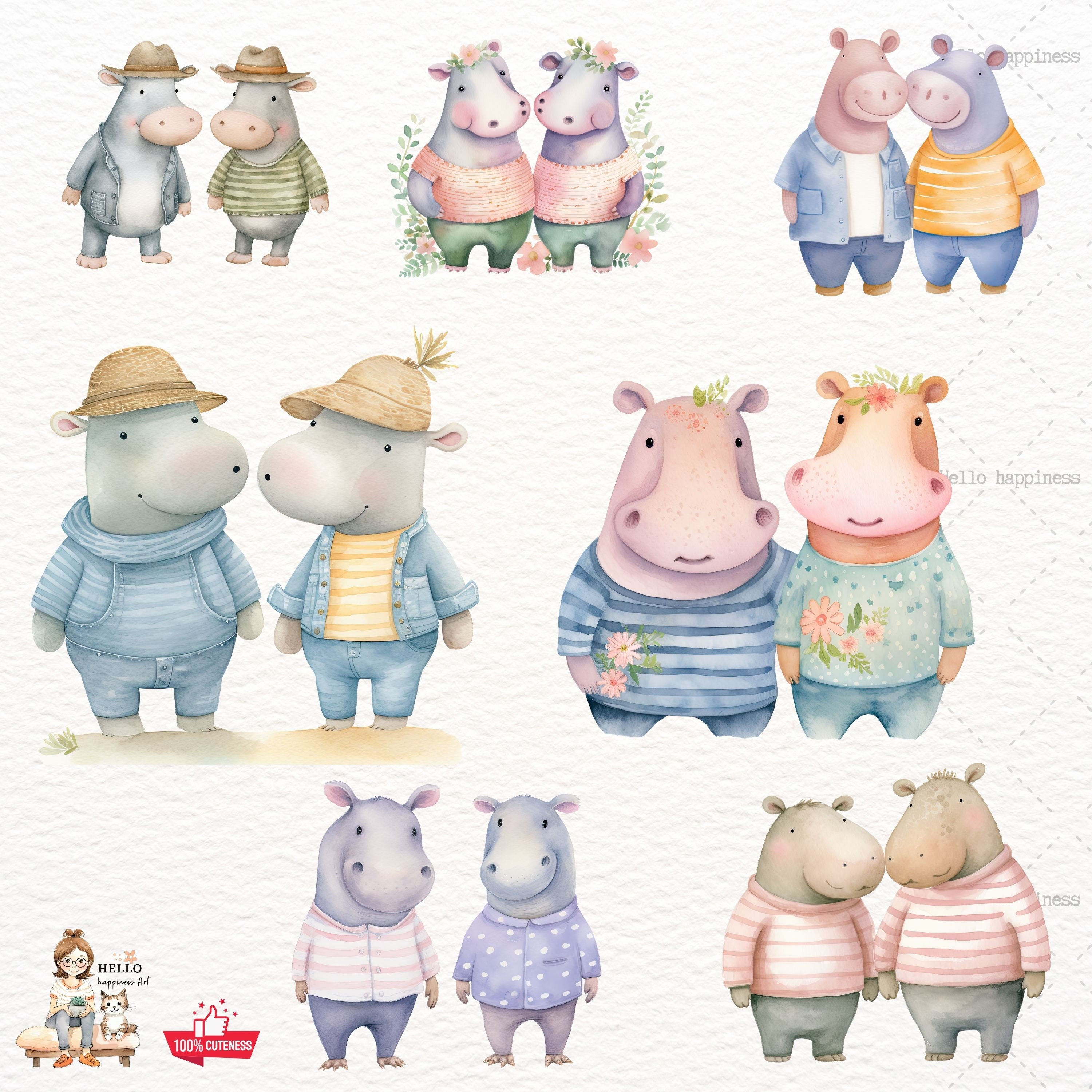 Hippo Png Watercolor Cute Hippopotamus Clipart Romantic - Etsy