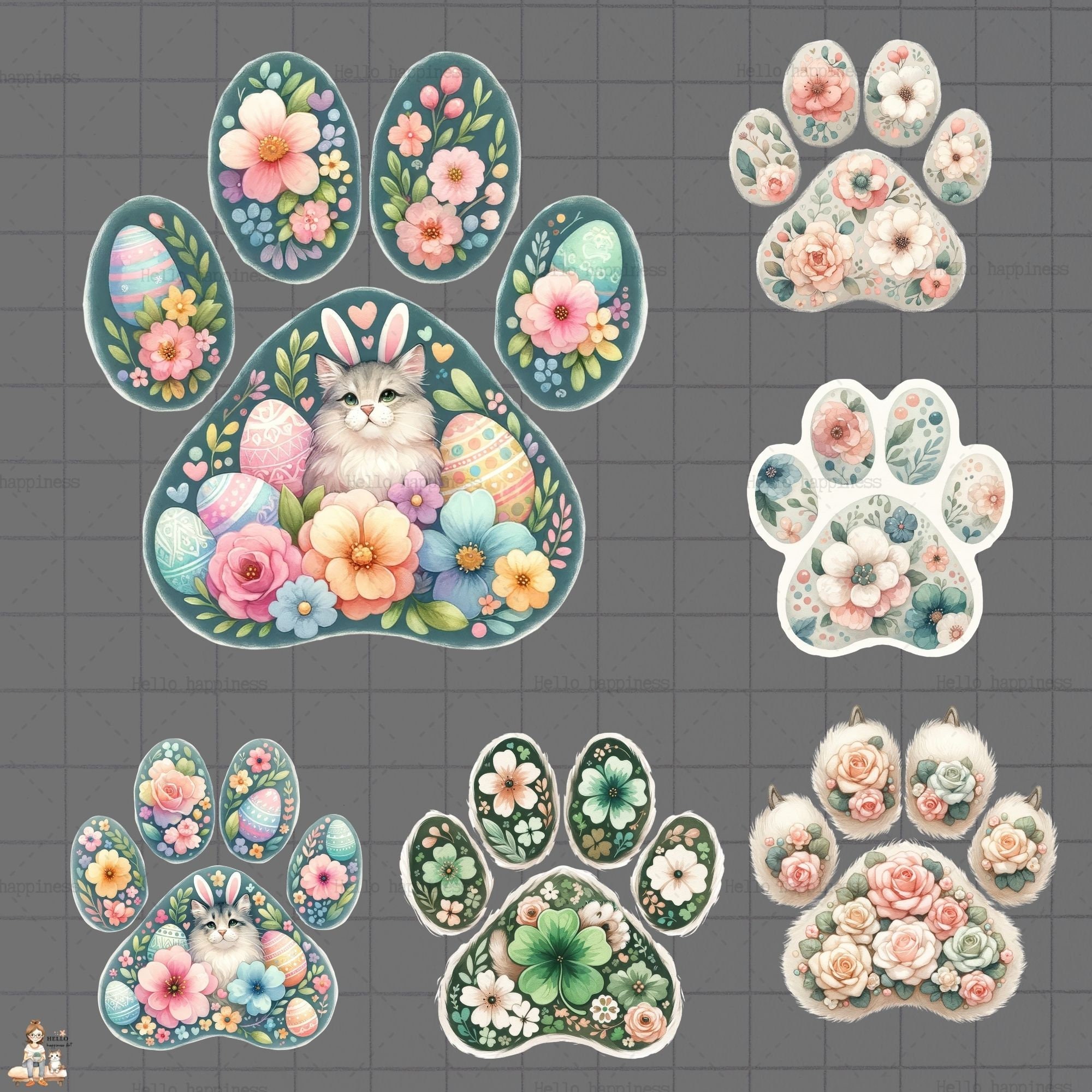 Watercolor Floral Paw Print Clipart, Cat Paw Print Png,hand Painted ...