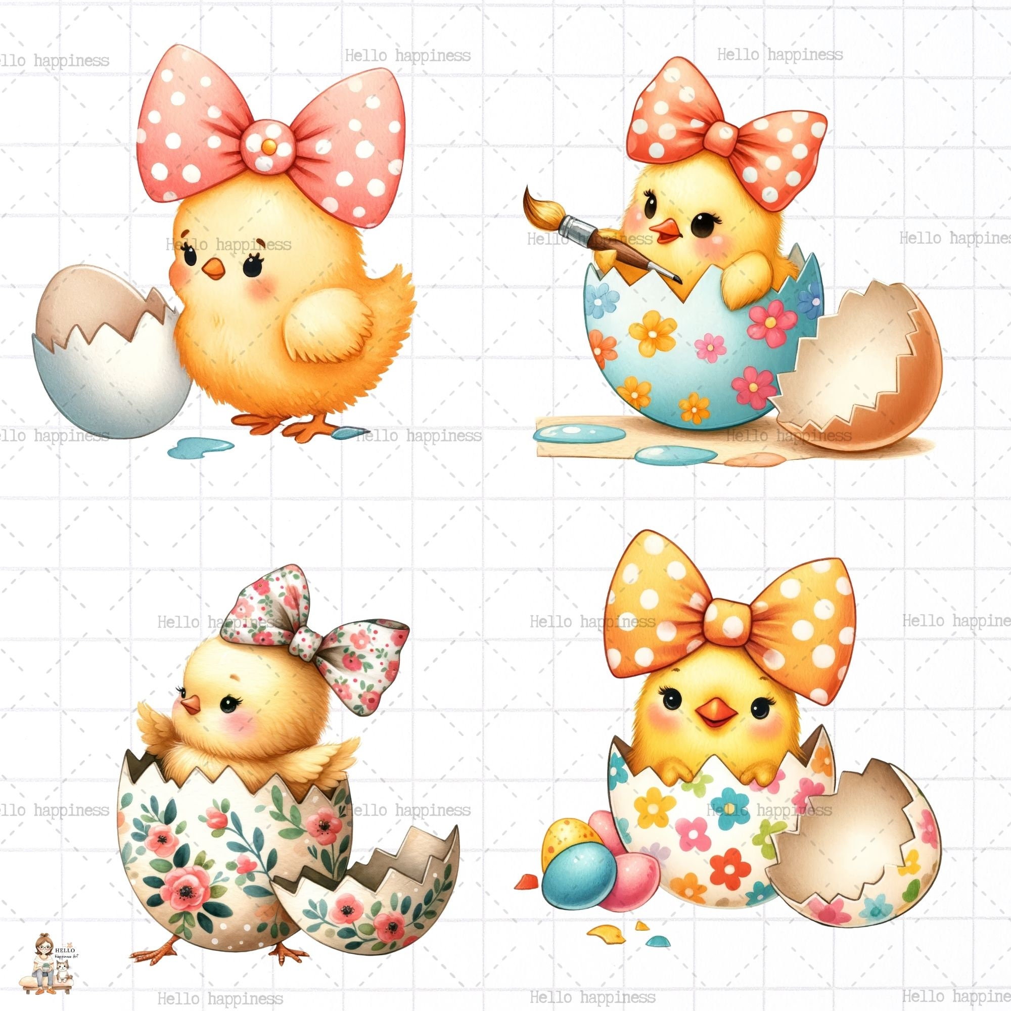 A Cute Cartoon Baby Chicken Wearing a Pink Bow is Sitting in a Broken ...