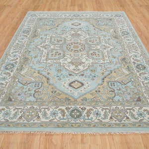 Vintage Distressed Oushak Rug in Blue, White & Beige Symmetrical ...