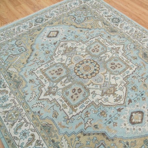 Vintage Distressed Oushak Rug in Blue, White & Beige Symmetrical ...