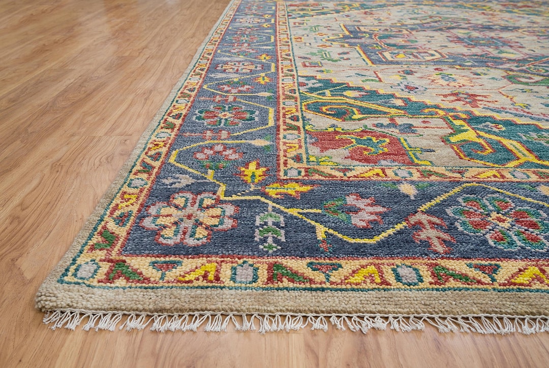 Teal Yellow Accent Rug Charcoal Border Handknotted Rug - Etsy