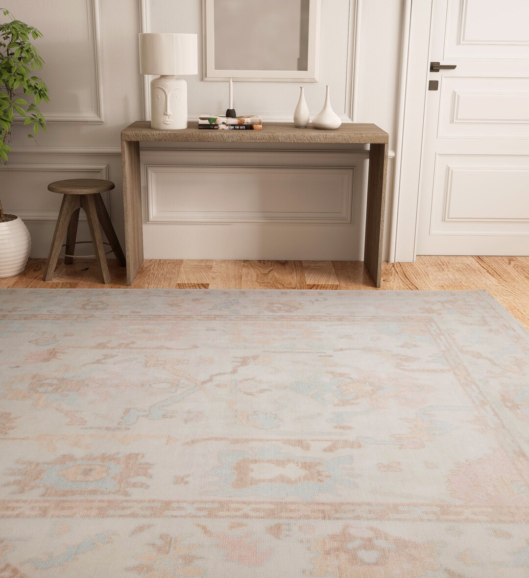 Modern Oushak Rug Pastel Green, Muted Rug 9x12, Peach Pink Wool Rug ...