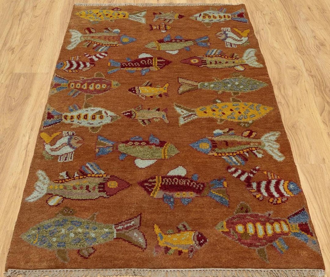Handmade Terracotta Wool Fish Rug, Coastal Folk Art Design Trc_9064 - Etsy