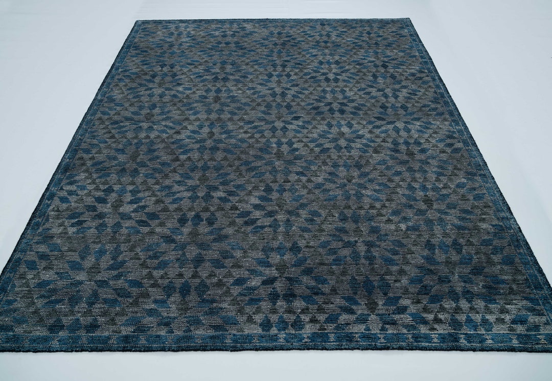 8'x10'blue Handmade Wool Rug New Geometrical Black Area Rug Large ...