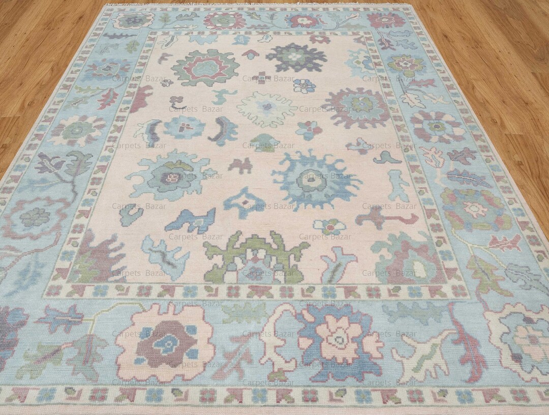 Soft Peach & Baby Blue Area Rug, Contemporary Oushak Rug, Gray Green ...