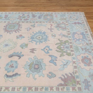 Soft Peach Oushak Rug, Baby Blue Area Rug, Contemporary Gray Green Pale ...