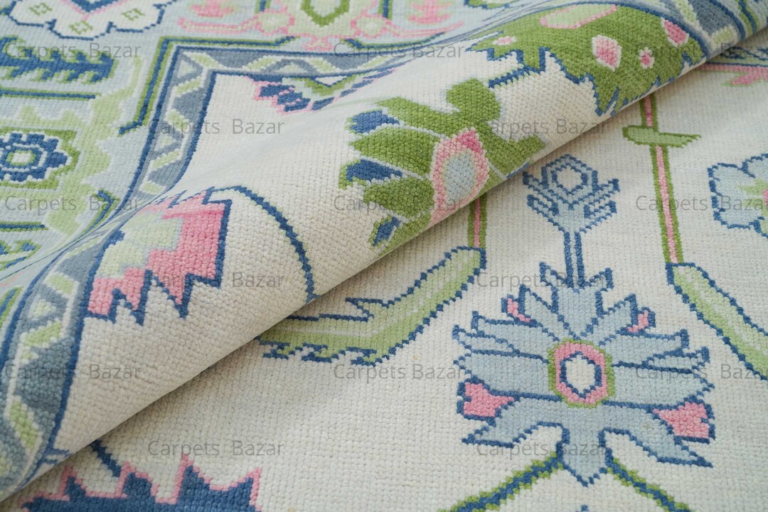 5X8 Oushak Rug in Ivory, Powder Blue, Green & Raspberry Pink, Handmade ...
