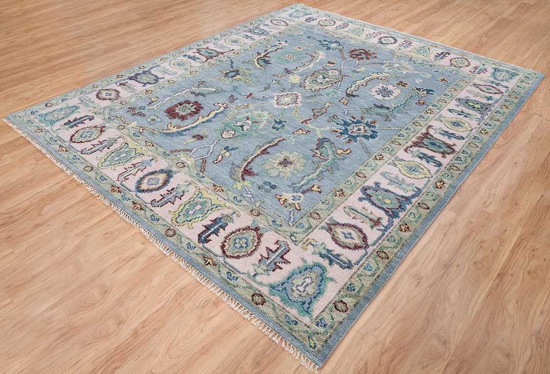 9x12 Oushak Rug in Light Blue and Faded Pink Border, Muted Area Rug for ...