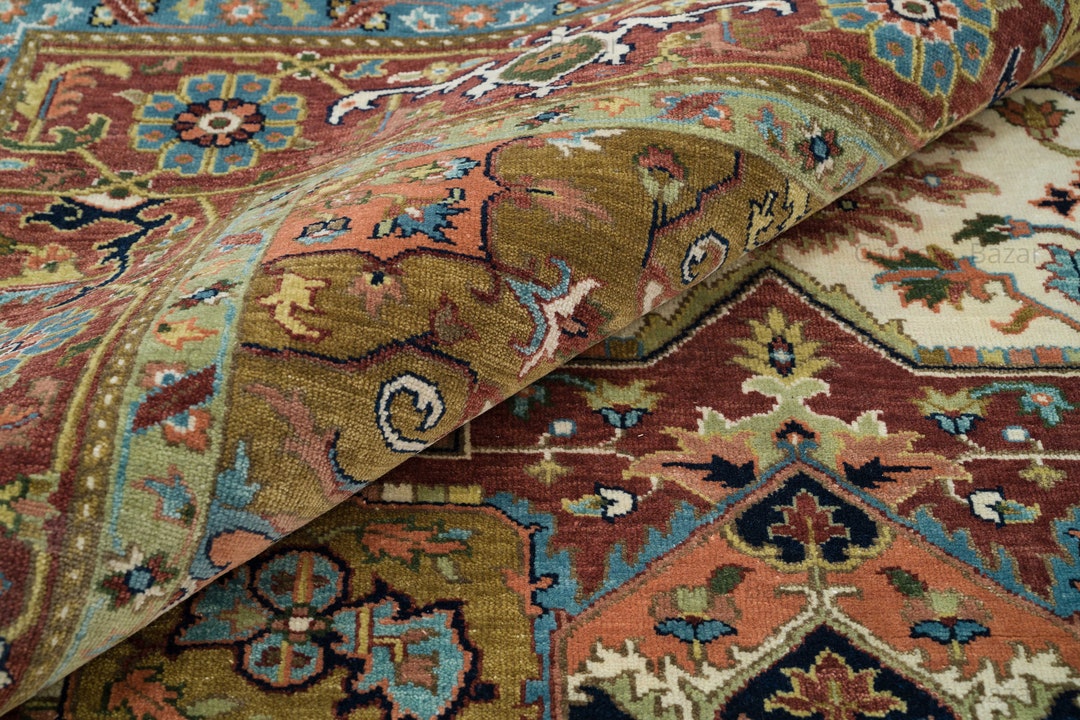 9x12 Persian Rug, Rust Ivory Green Blue Wool Rug, High-end Heriz Rug ...