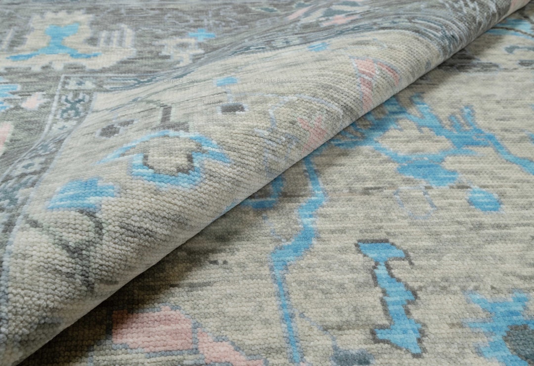Hand Knotted Wool Oushak Rug, Silver Gray, Blue Pink Accents ARN_027 - Etsy