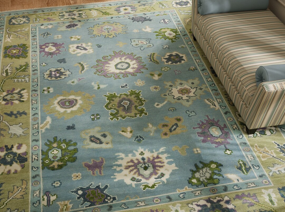 Buy Steel Blue & Dry Sage Green Area Rug, Modern Oushak Rug in Ivory ...