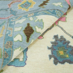 Ivory Oushak Rug, Baby Blue Border Turkish Rug, Soft Living Room Area ...