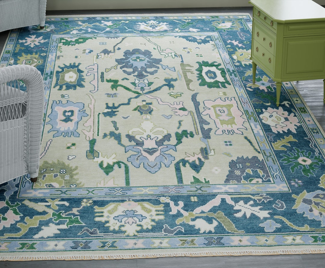 Beige Teal Farmhouse Oushak Rug New Teal Area Rug Large Floral Handmade ...