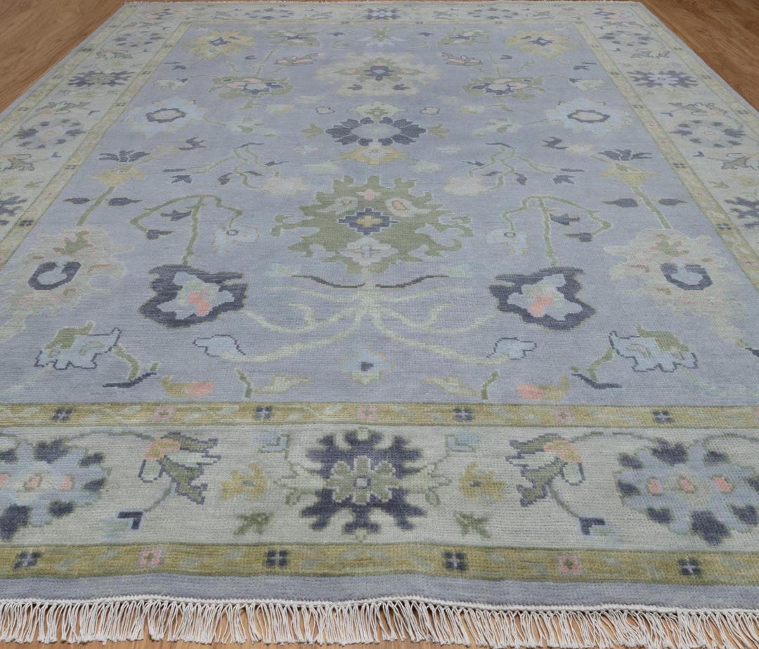 Coin Gray Blue Green Oushak Rug, Floral Rug 10x14, Muted Area Rug 9x12 ...