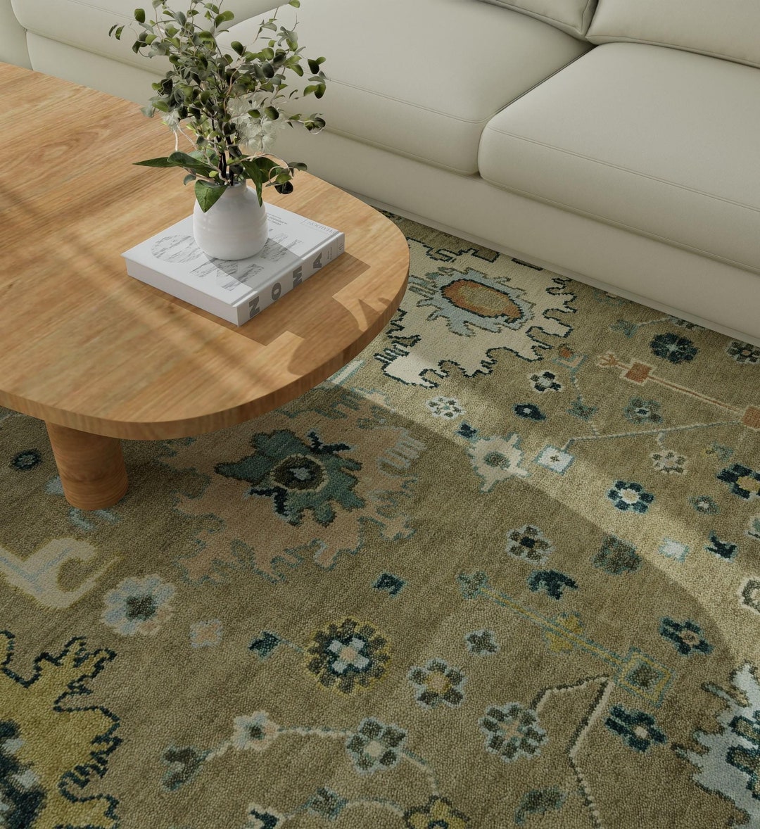 Green Rug 8x10, Neutral Rug, Dark Beige Rug With Blue & Yellow ...