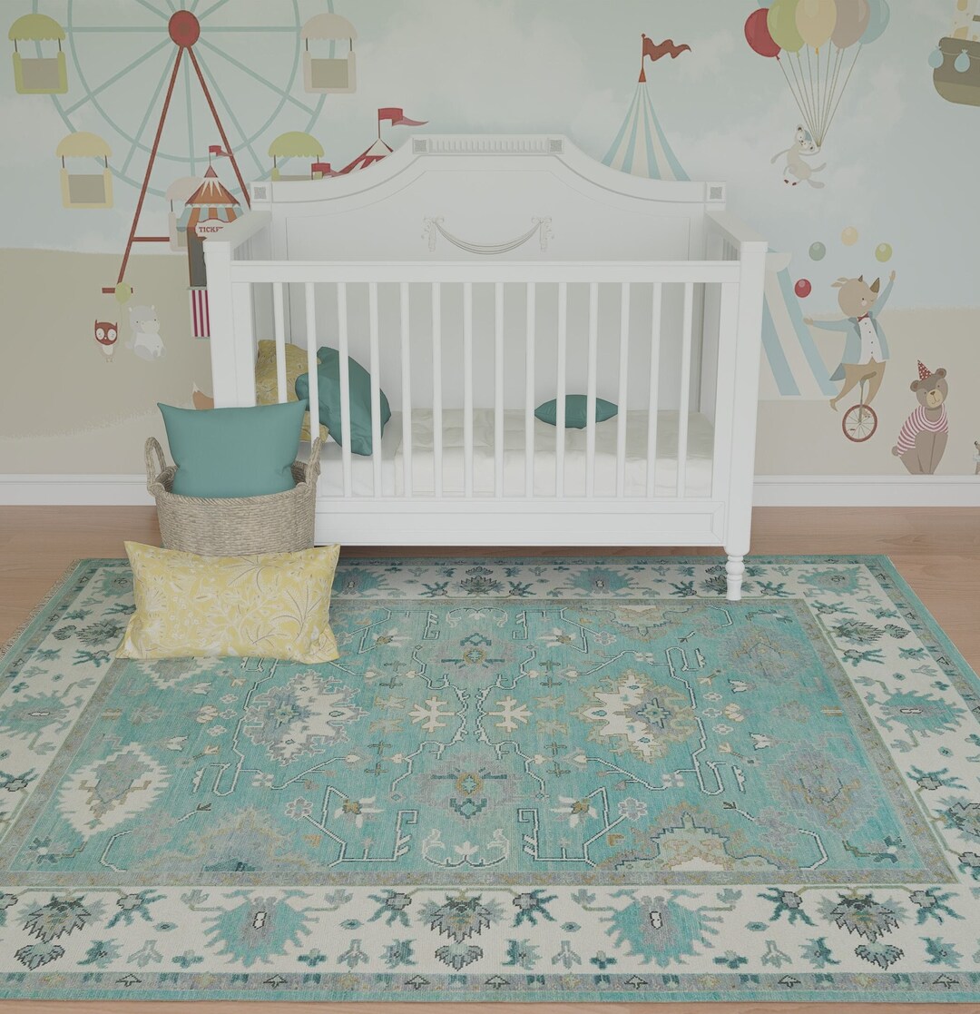 Modern Teal Oushak Rug, Turquoise Blue Turkish Rug, Cream Border Area ...