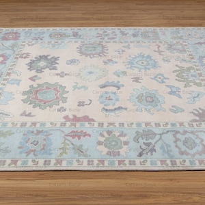 Soft Peach Oushak Rug, Baby Blue Area Rug, Contemporary Gray Green Pale ...
