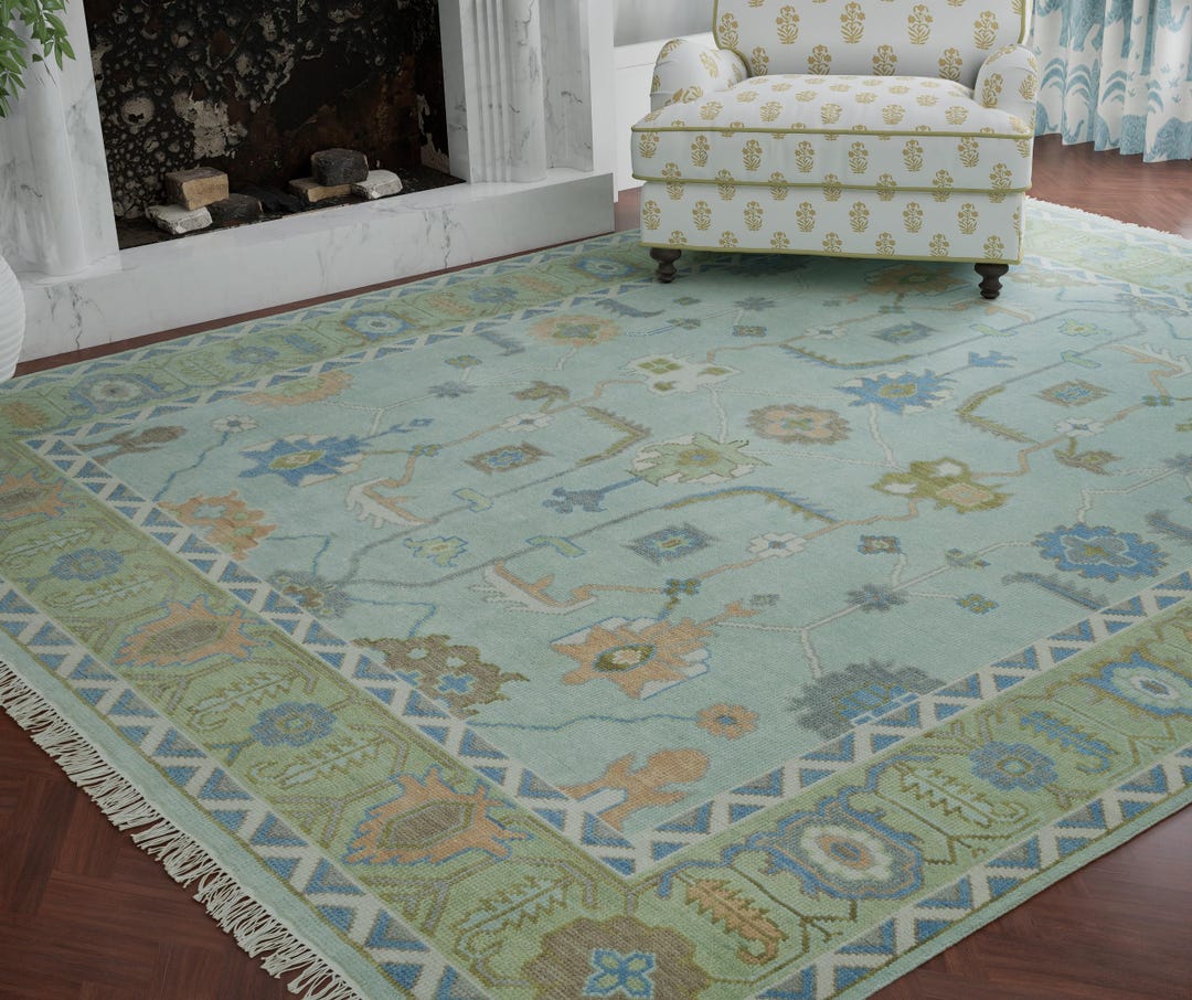 Blue and Green Oushak Rug, Bright Color Area Rug, Aqua Turkish Rug 8x10 ...