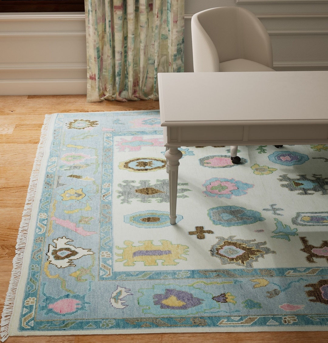 Ivory Oushak Rug, Baby Blue Border Turkish Rug, Soft Living Room Area ...