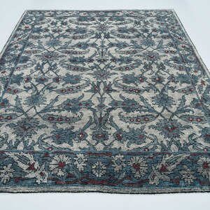 Blue Gray White Rug 8x10, Handmade Contemporary Rug Burgundy Accent ...