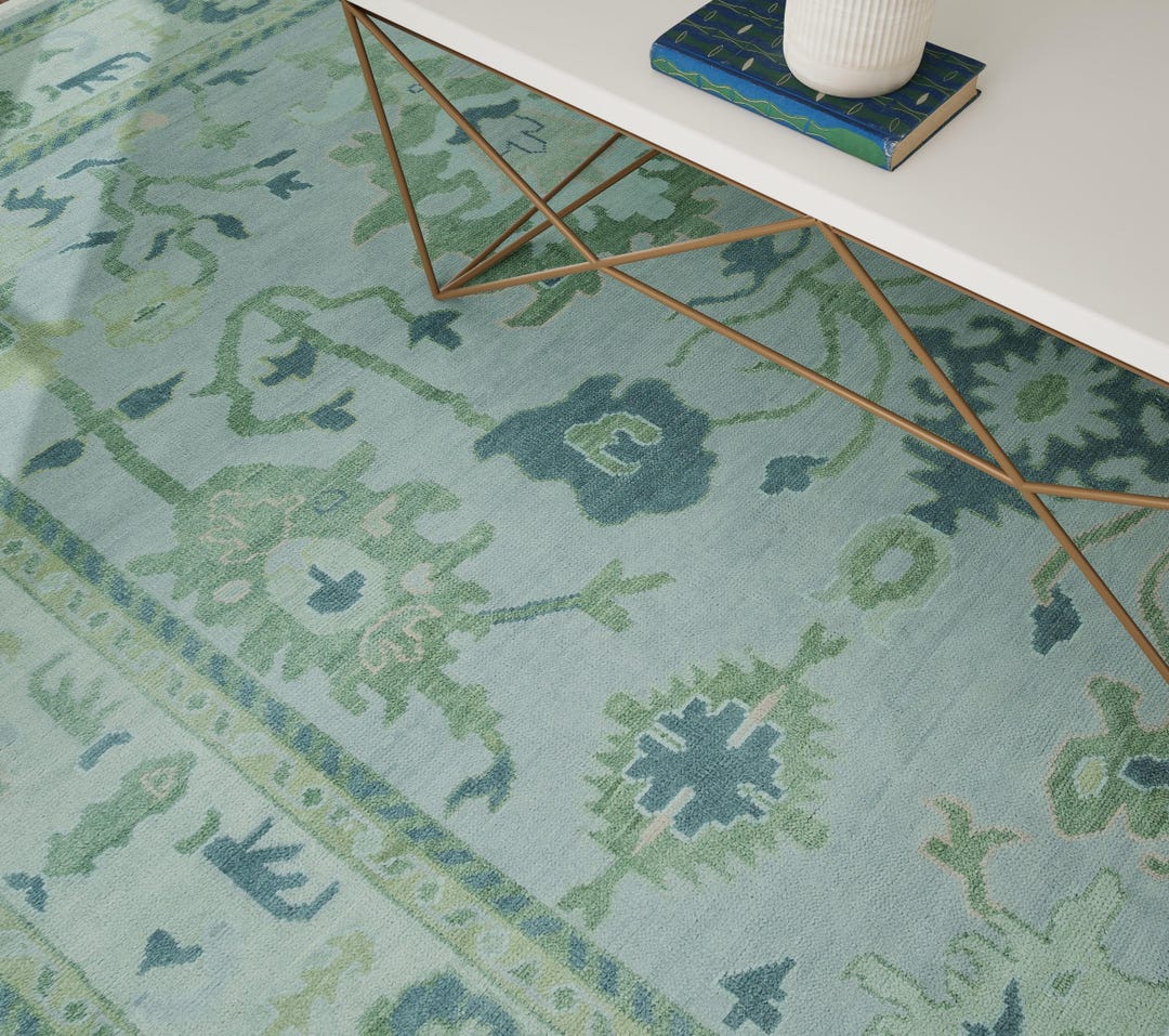 Coin Gray Oushak Rug| Pastel Green, Blue Pink Wool Rug| Muted Turkish ...