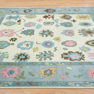 Ivory Oushak Rug, Baby Blue Border Turkish Rug, Soft Living Room Area ...