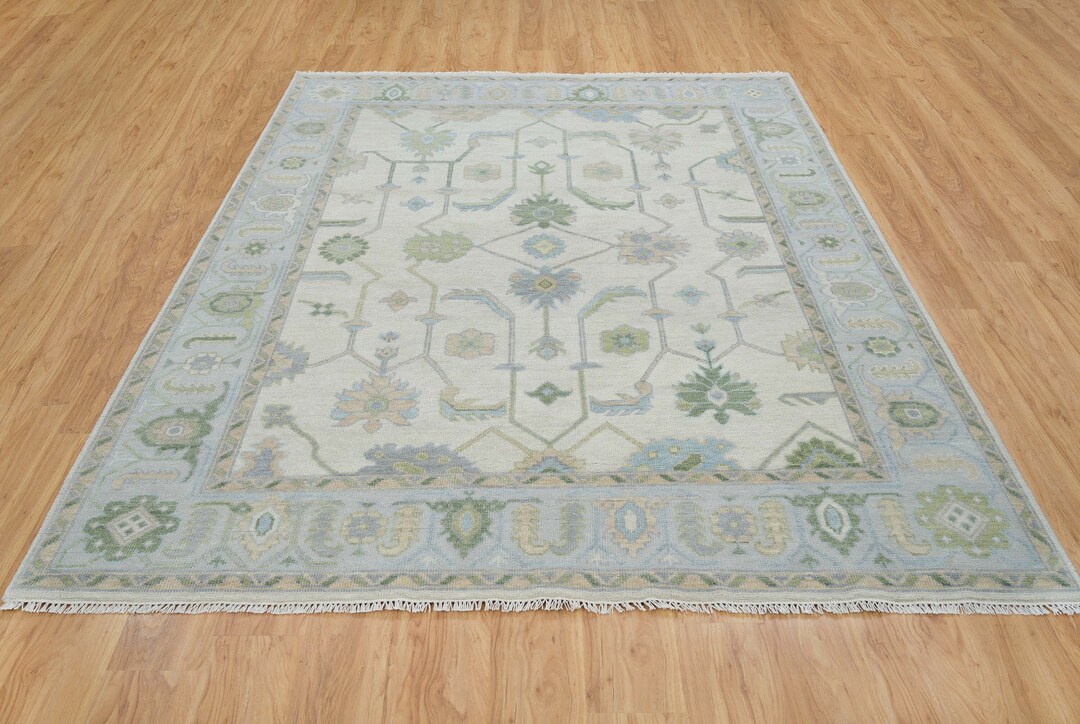 12X15 Cream Hand Knotted Wool Rug Faded Blue-green Geometrical Turkish ...