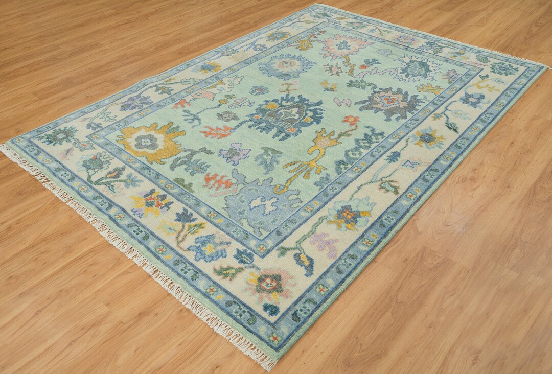 9'X12' Handmade Faded Spring Green Rug Blue Living Room Rug New Modern ...