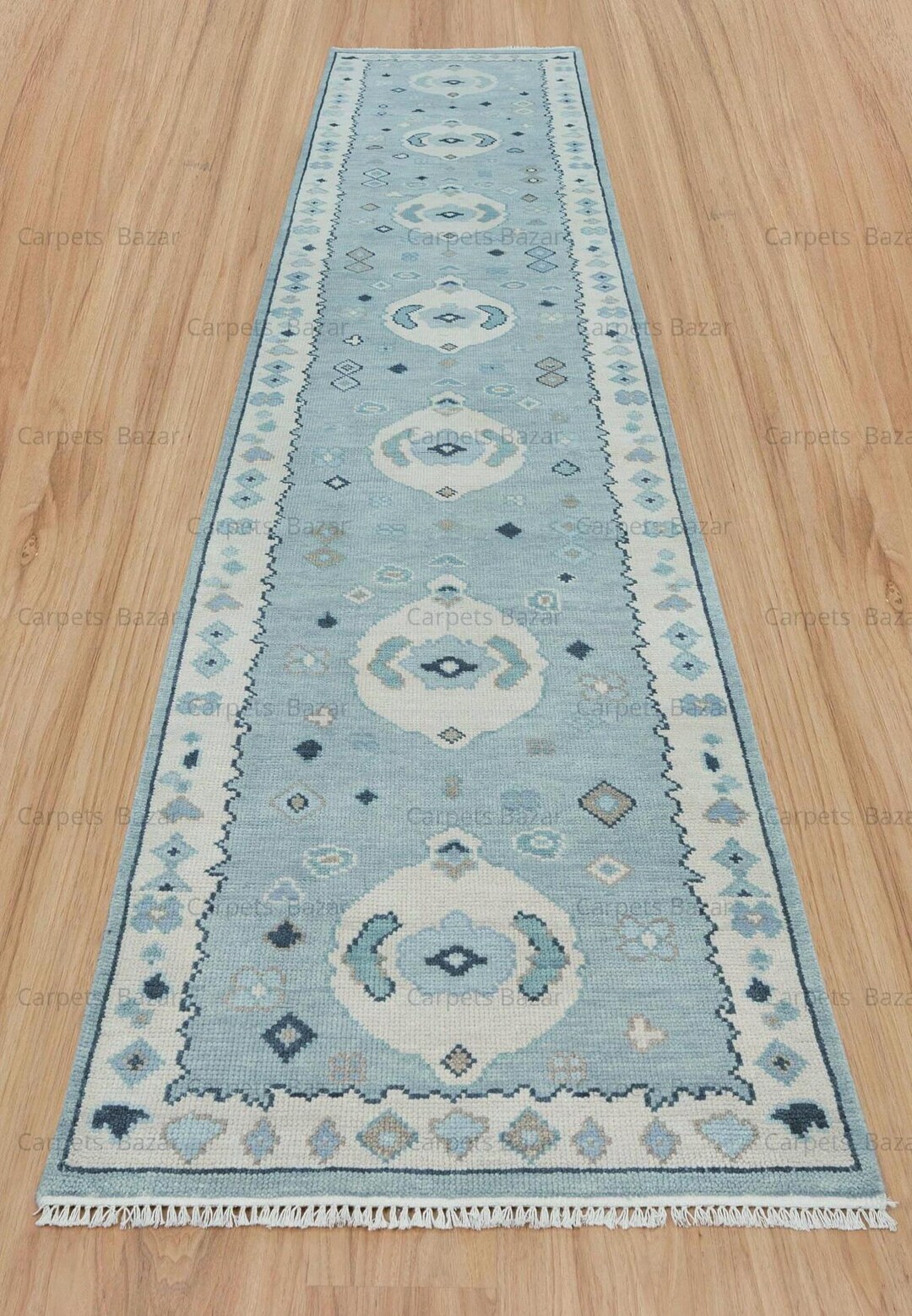 Soft Blue Wool Oushak Rug Runner, Handmade Neutral Hallway Rug AR_3811 ...