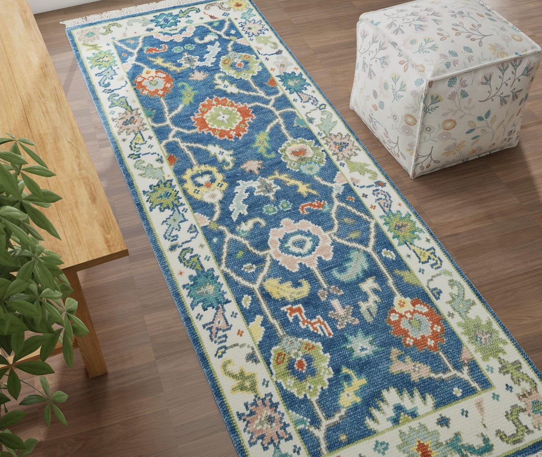 Royal Blue Runner 3x6, Ivory Oushak Rug Runner, Floral Colorful Area ...