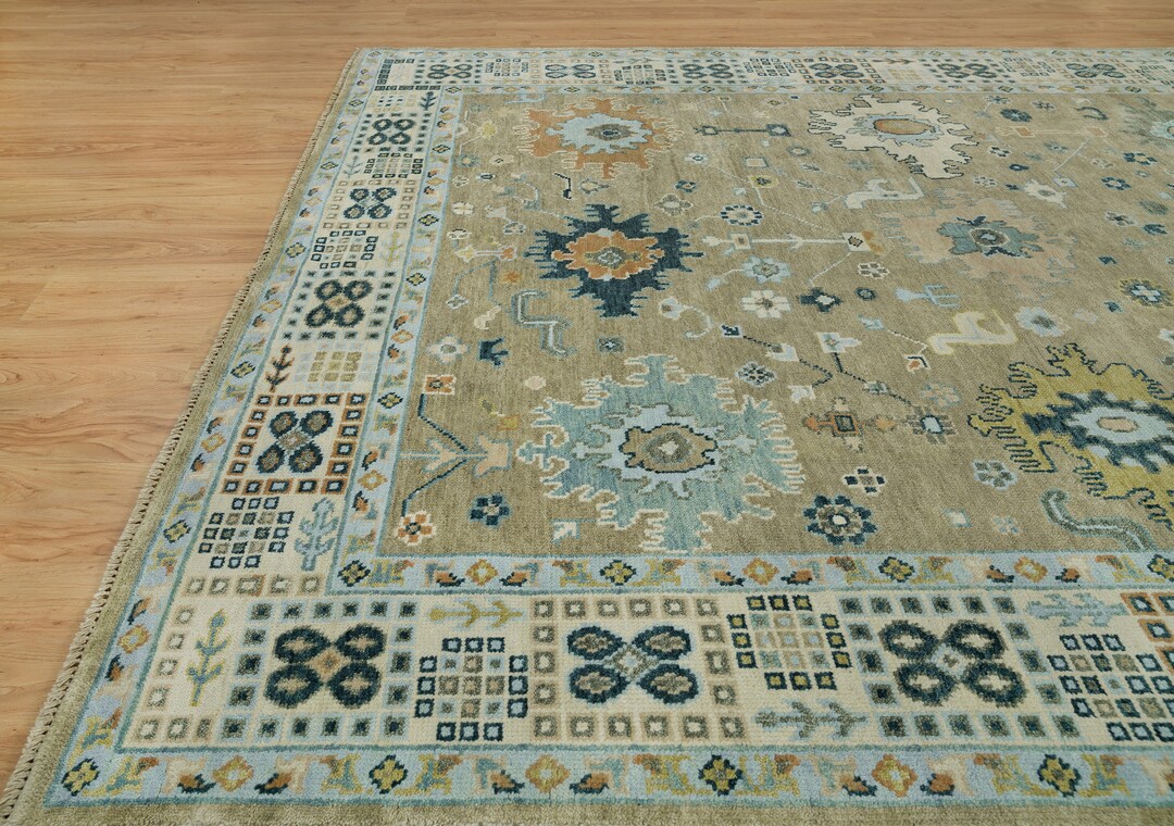 8x10 Hand Knotted Oat Beige Ivory Teal Blue Gold Rust Vintage Rug ...