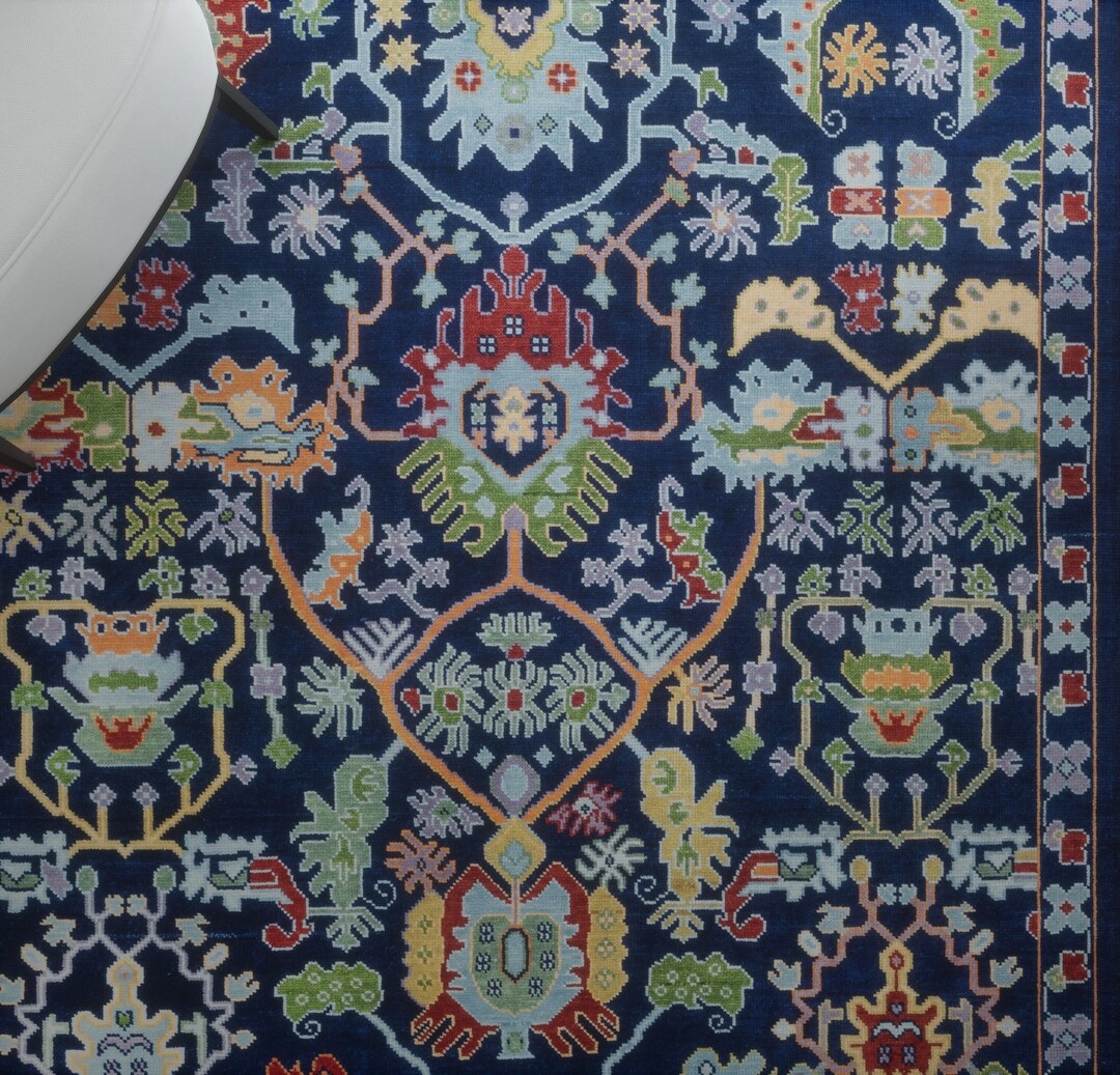 Navy Oushak Rug, Baby Blue Green Accent Turkish Rug, Orange Yellow ...