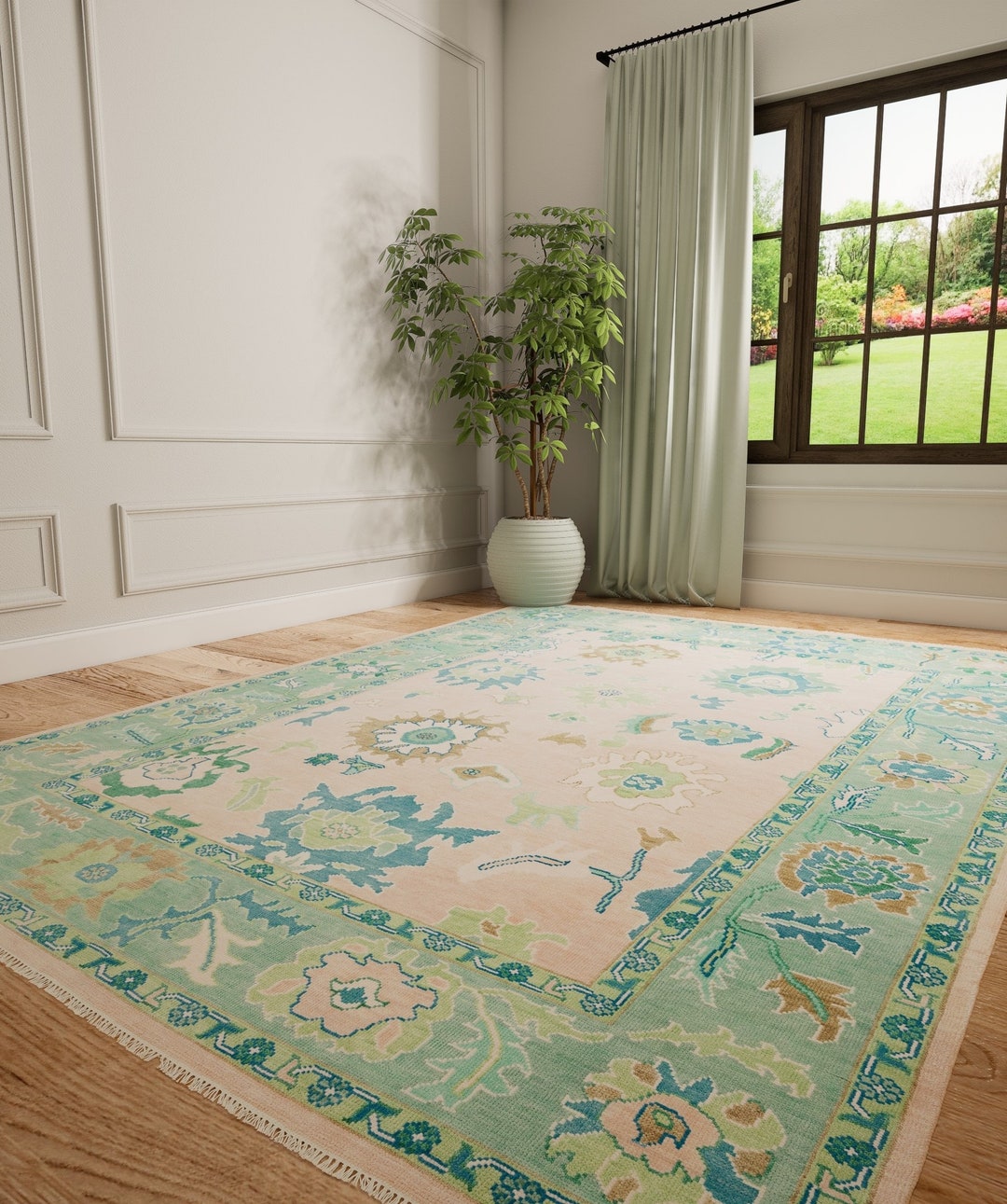 Baby Pink Oushak Rug, Muted Blue-green Turkish Rug, Modern Floral Wool ...