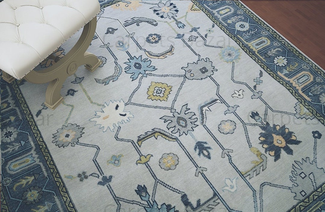 Light Gray Oushak Rug, Steel Blue Area Rug, Ivory Gold Teal Accent ...