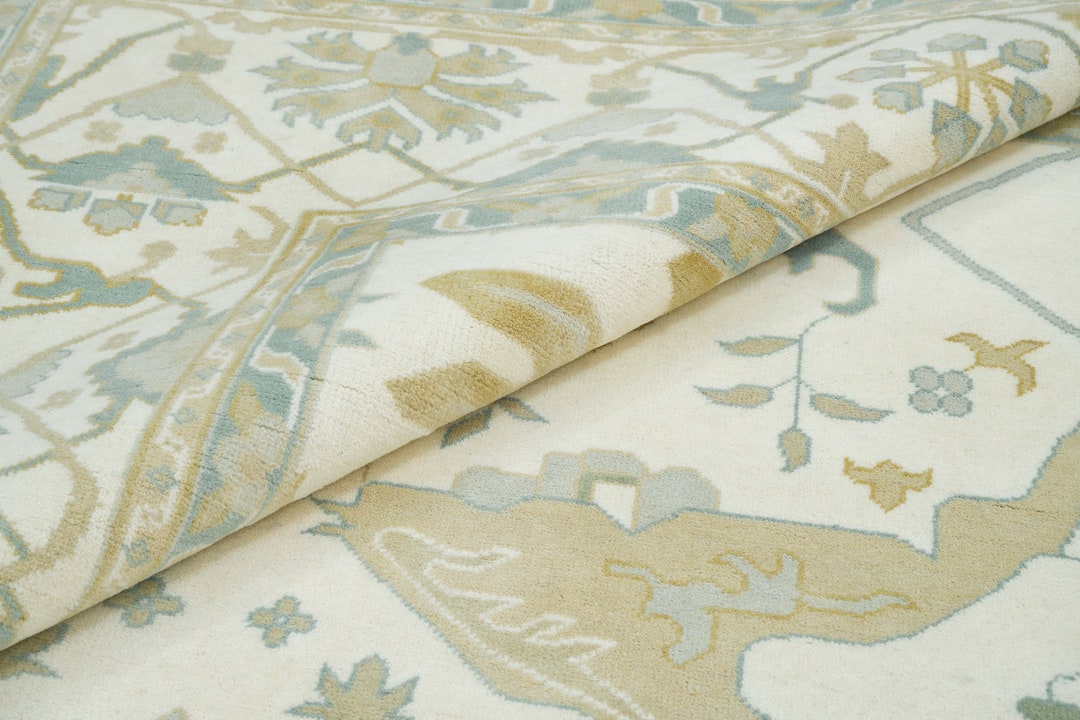 12x15 Area Rug, Ivory Oushak Rug, Green Gold Beige Rug, Large Turkish ...