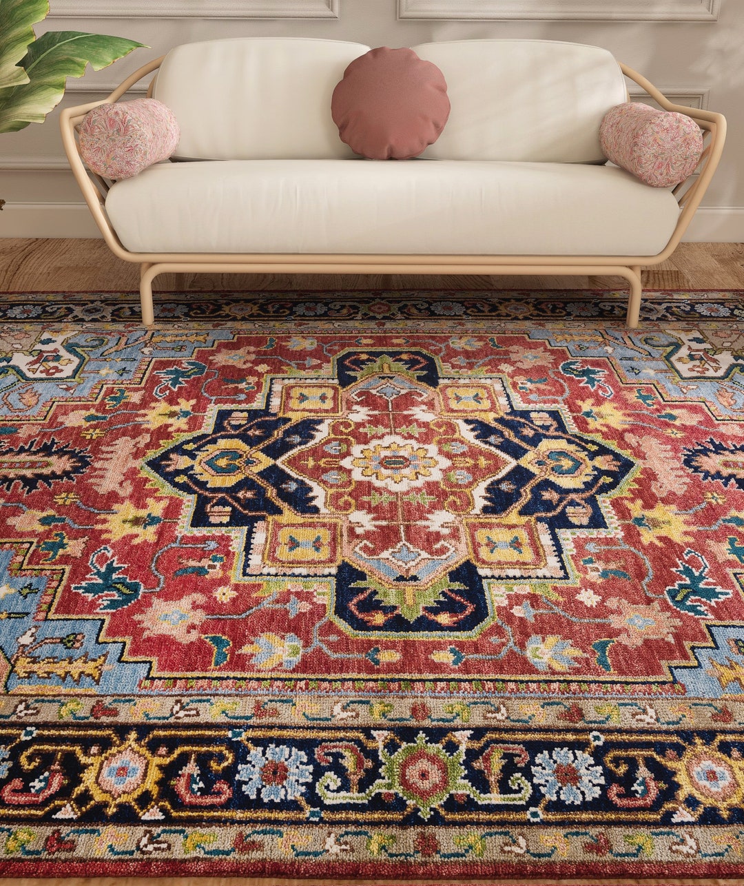 Handmade Living Room Rug, Red Blue Black Oushak Rug, Modern Turkish Rug ...