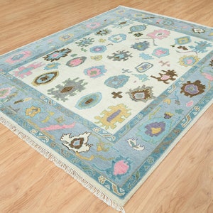 Ivory Oushak Rug, Baby Blue Border Turkish Rug, Soft Living Room Area ...