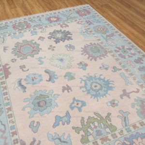 Soft Peach Oushak Rug, Baby Blue Area Rug, Contemporary Gray Green Pale ...