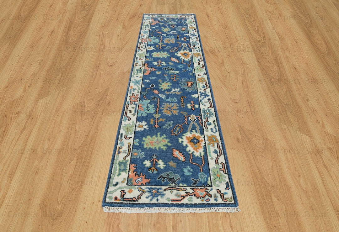 2.5x8 Rug Runner in Cobalt Blue, Ivory Border Oushak Runner ...