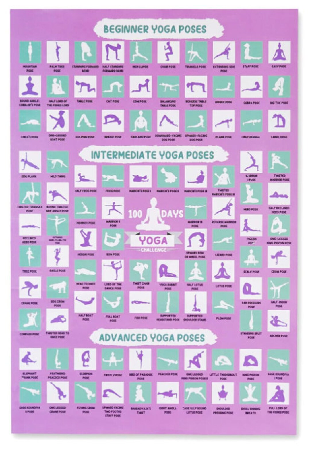 Scratch off Yoga Poses Poster, 100 Days Beginners' Guide Chart for ...
