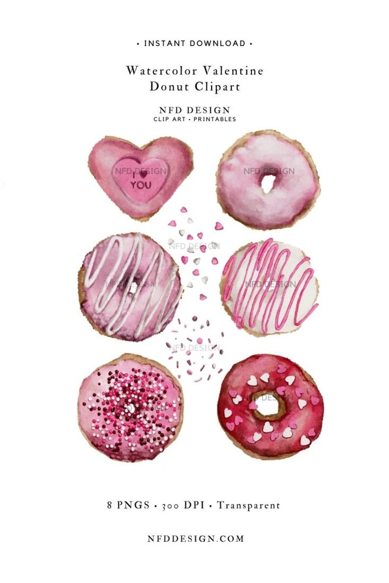 Valentines Day Donut Clipart Watercolor Donuts Valentine Donut Dessert ...